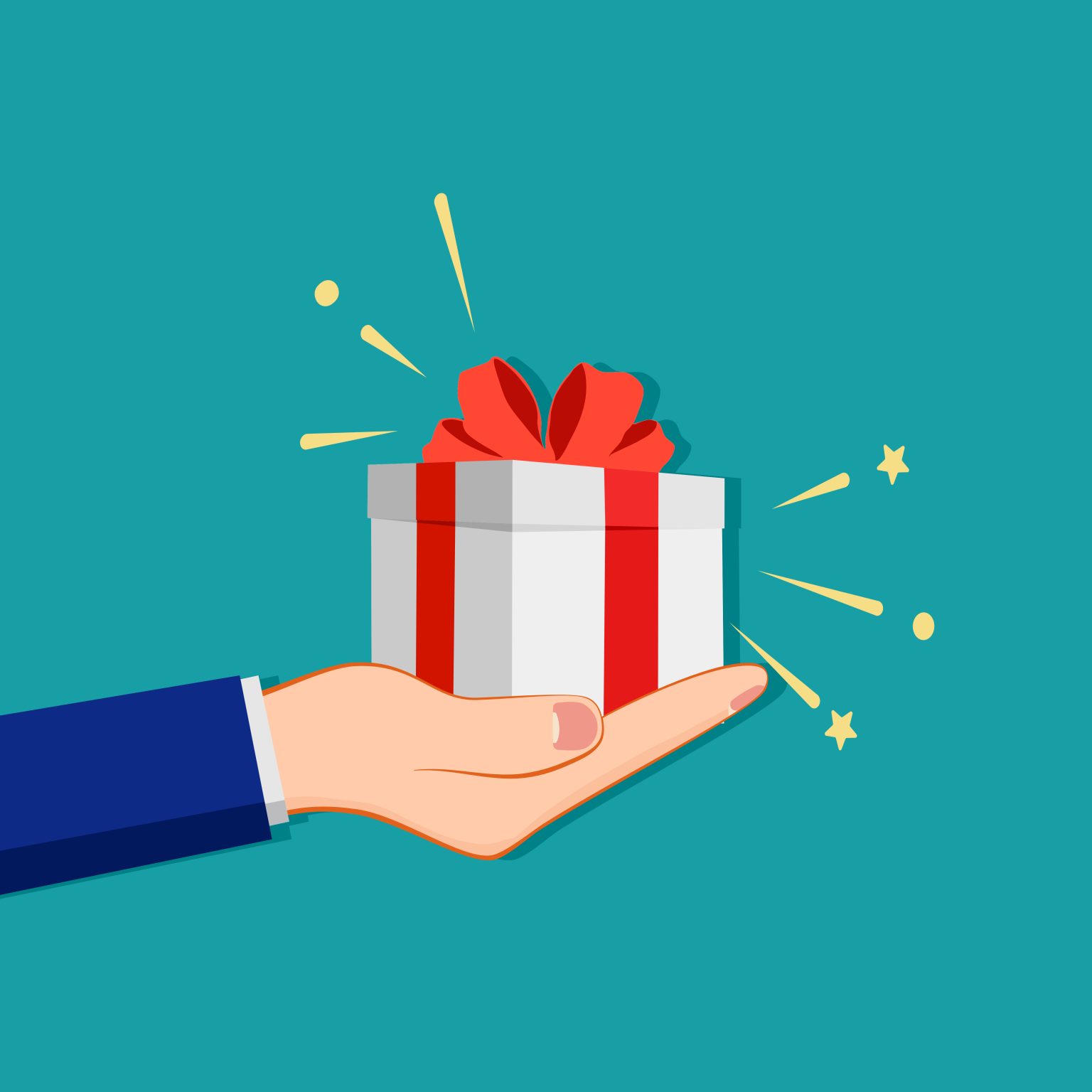 Gift box in the hand of a businessman. Promotions and bonuses keep ...